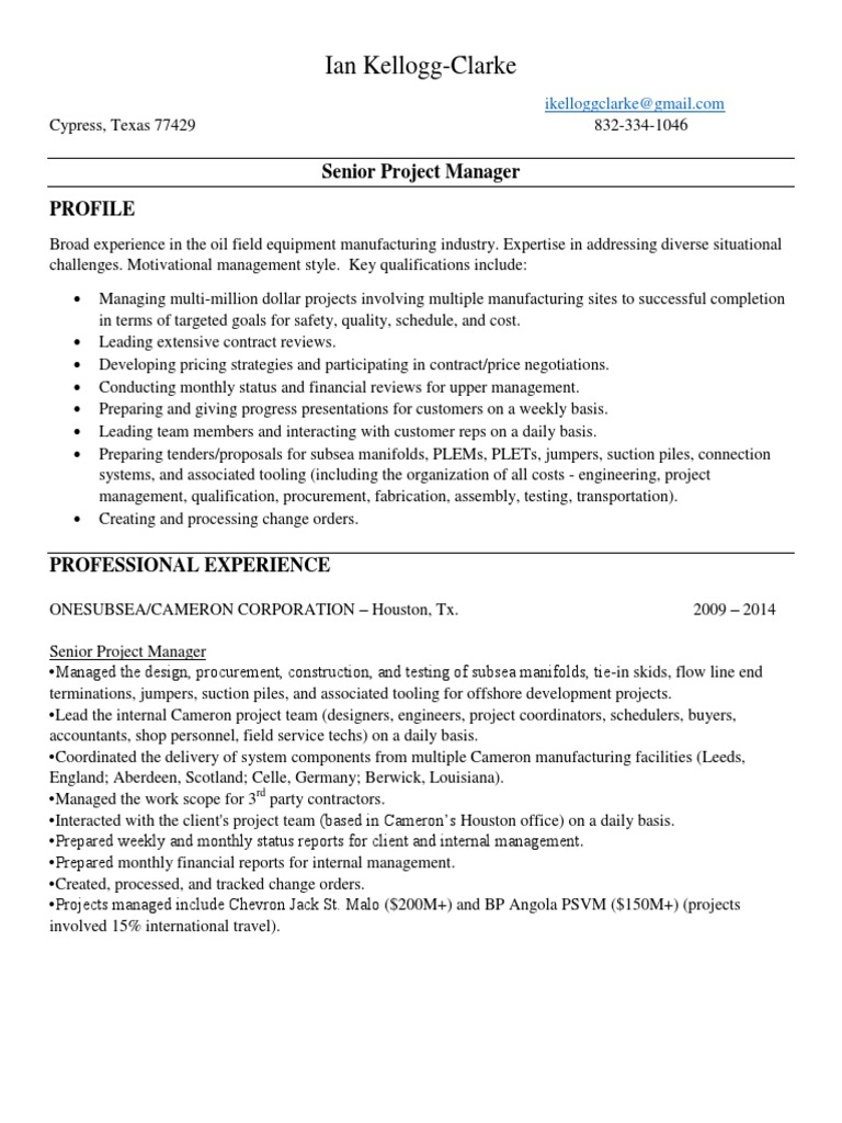 Project Manager Oil Gas in Houston TX Resume Ian Kellogg-Clarke | PDF ...