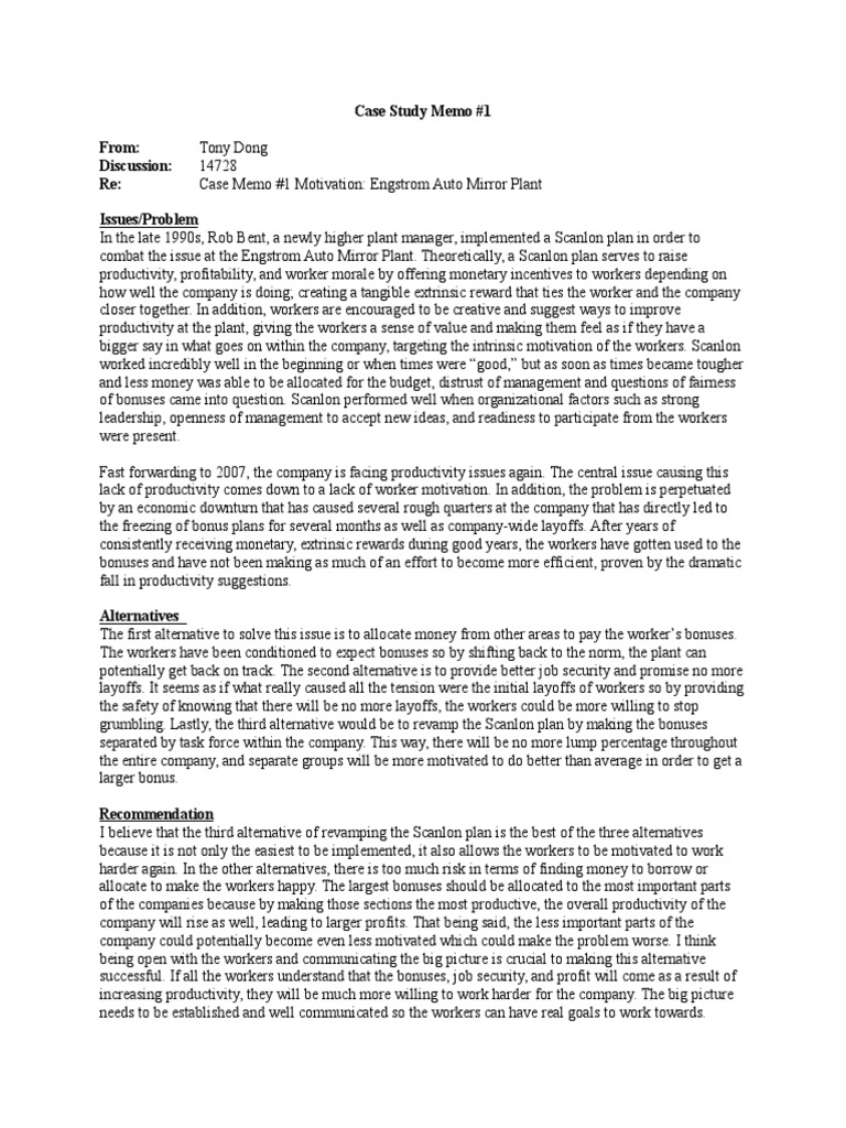 304 Case Study Memo 1 | PDF | Motivation | Motivational