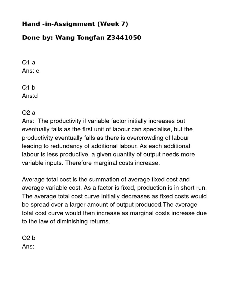 Hand - In-Assignment (Week 7) Done By: Wang Tongfan Z3441050 | PDF | Supply (Economics ...