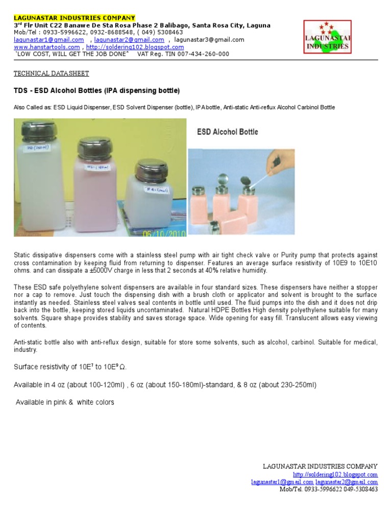 ESD Safe Solvent Dispenser (ESD IPA Bottle) | PDF | Glasses | Liquids