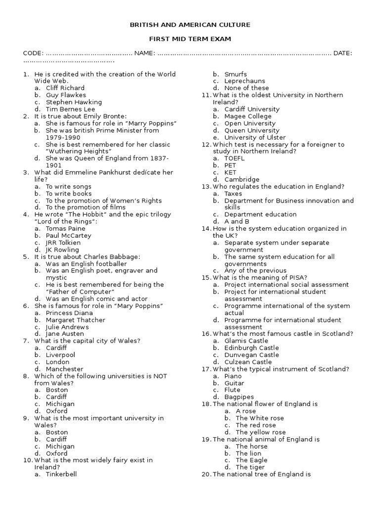 British and American Culture Exam | PDF | United Kingdom | England