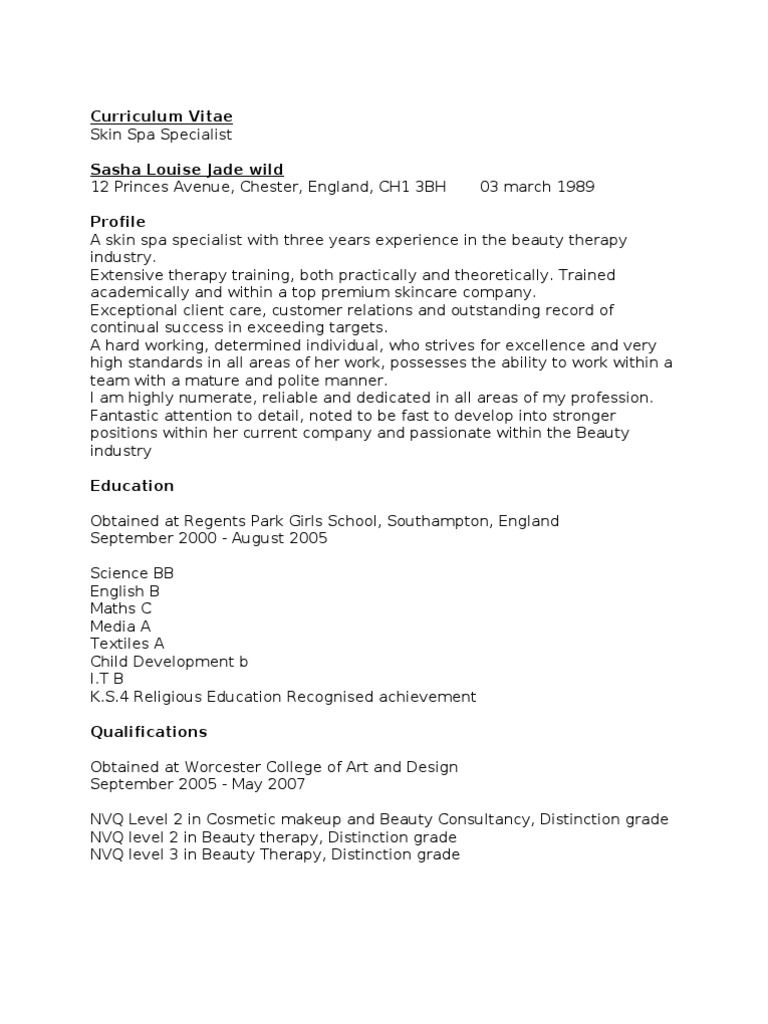 Curriculum Vitae Skin Spa Specialist Sasha Louise | PDF | Massage ...