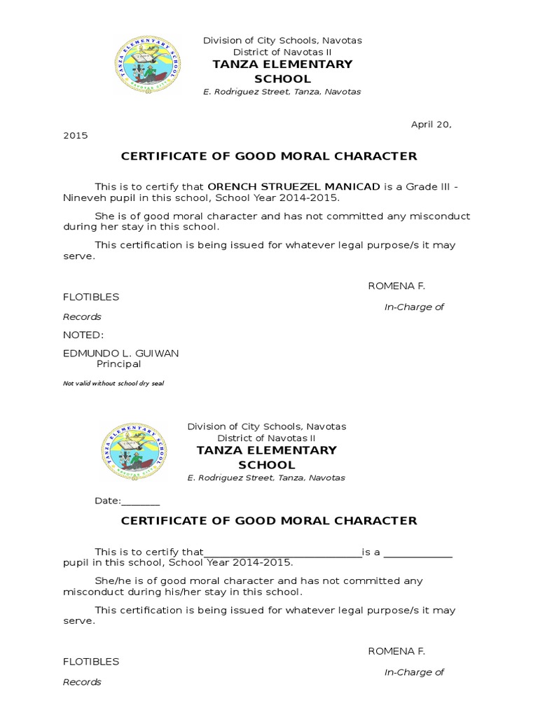 Certificate of Good Moral Character | PDF