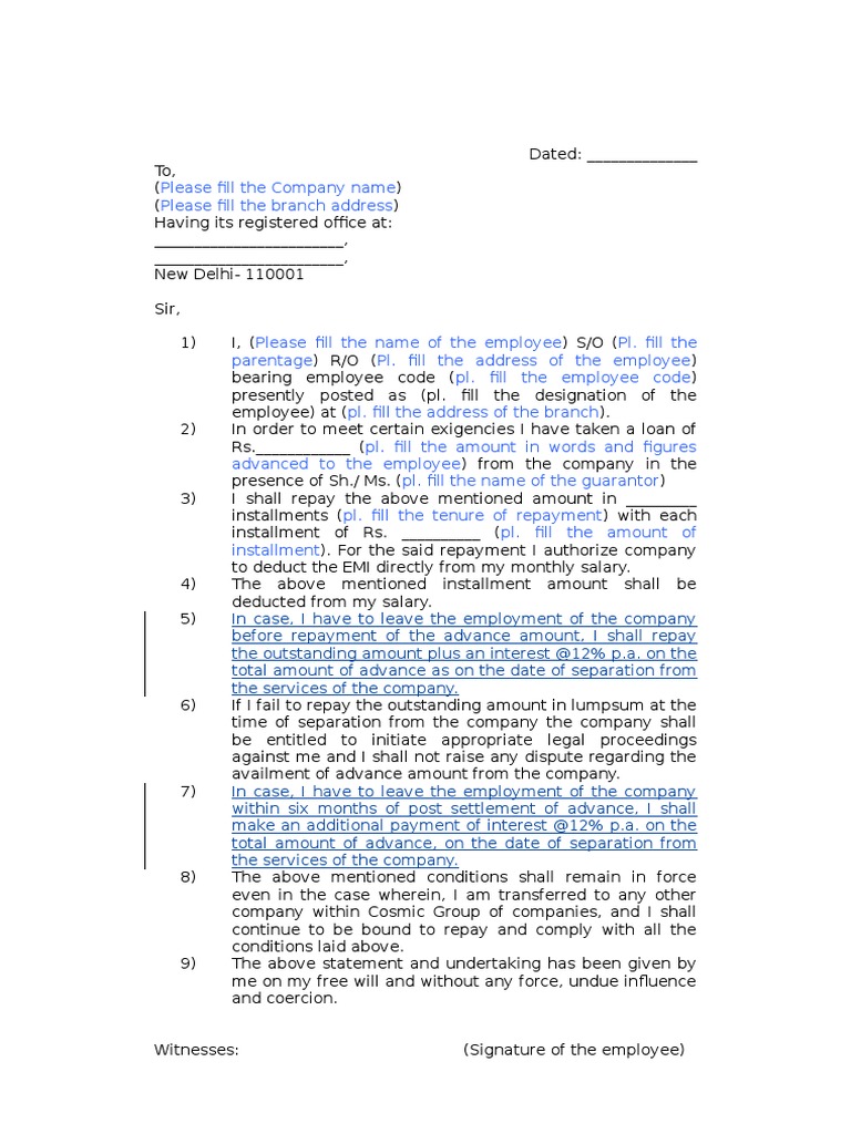 Undertaking DPN Form For Availing Salary Advance | PDF | Social ...