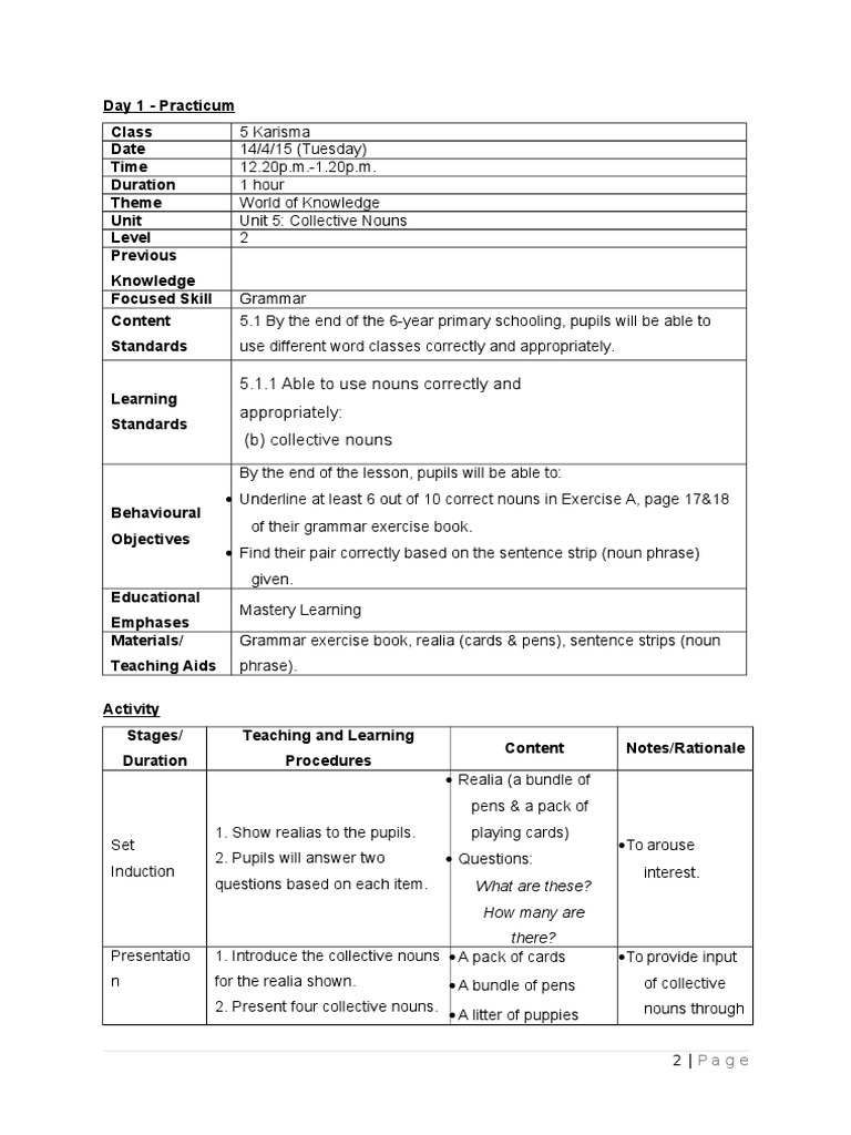 Grade 2 Lesson Plan: Collective Nouns | PDF | Phrase | Noun