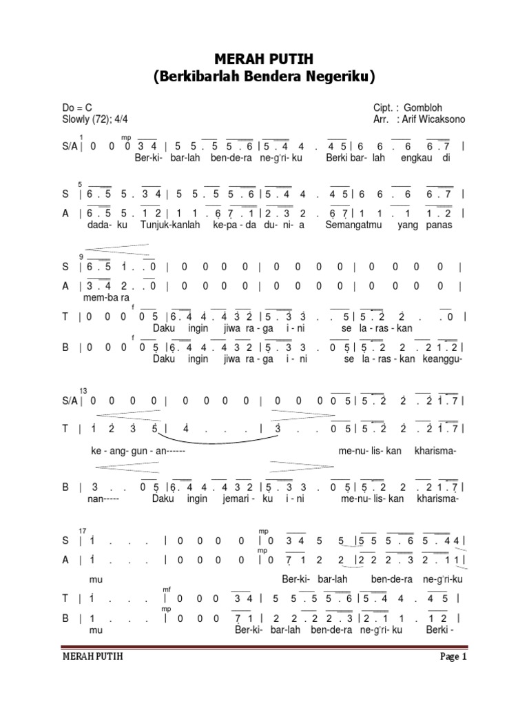 Partitur SATB - Merah Putih (Berkibarlah Bendera Negeriku) | PDF ...