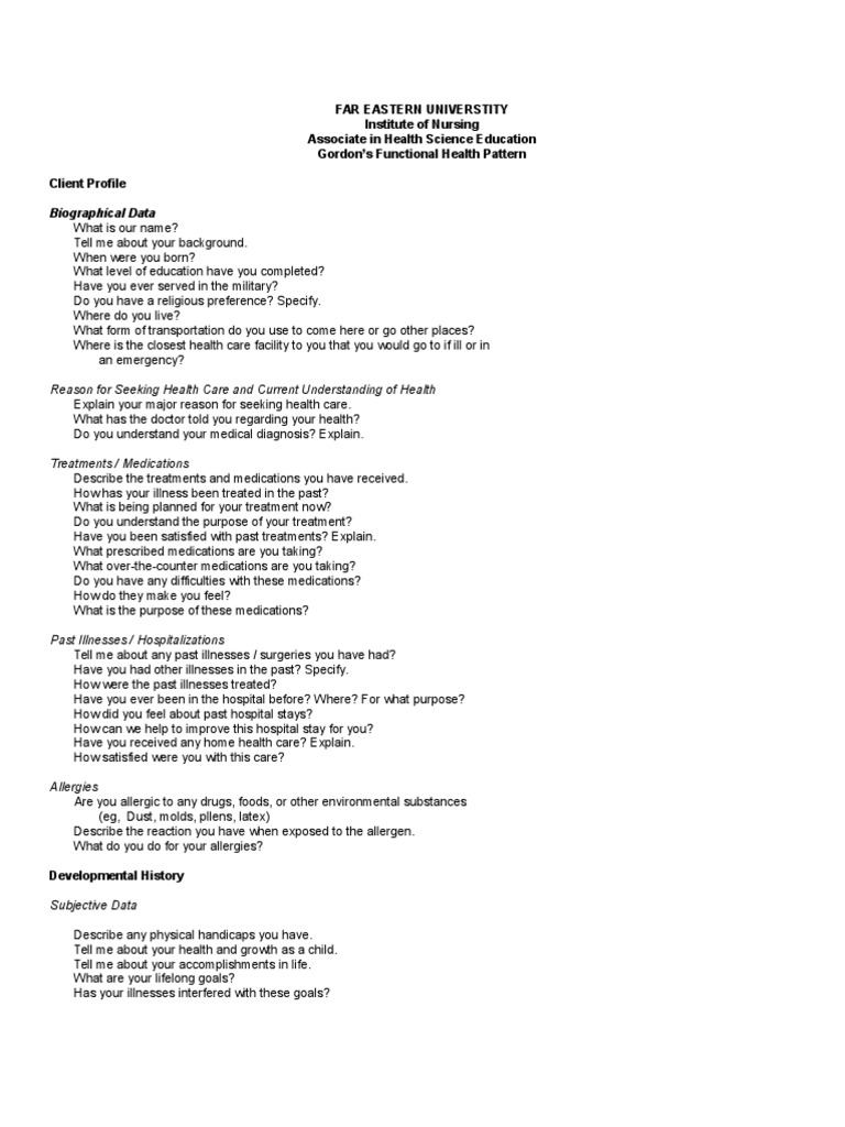 Gordon's Functional Health Pattern Assessment | PDF | Urinary ...