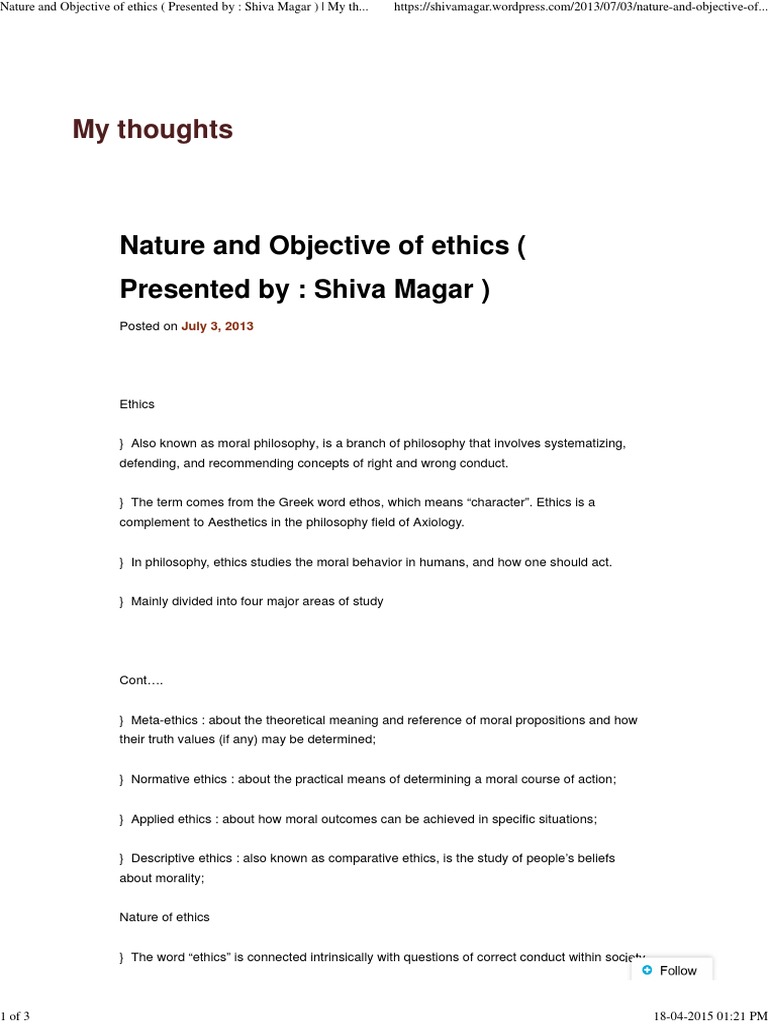 Nature and Objectives of Ethics | PDF | Morality | Philosophical Theories