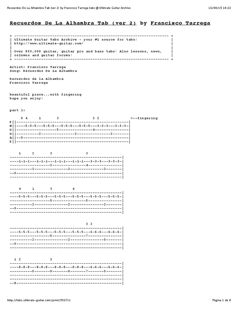 Recuerdos de La Alhambra Tab (Ver 2) by Francisco Tarrega Tabs at ...