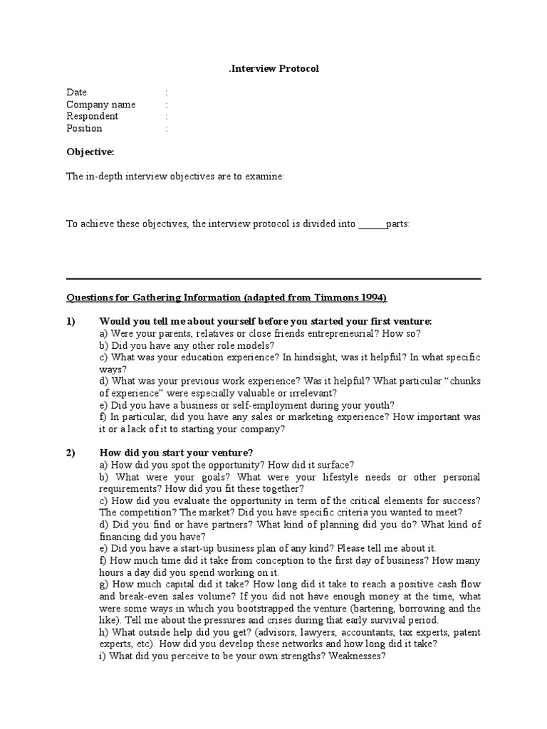 Sample of Interview Protocol - Questions Adopted From Timmons 1994 ...