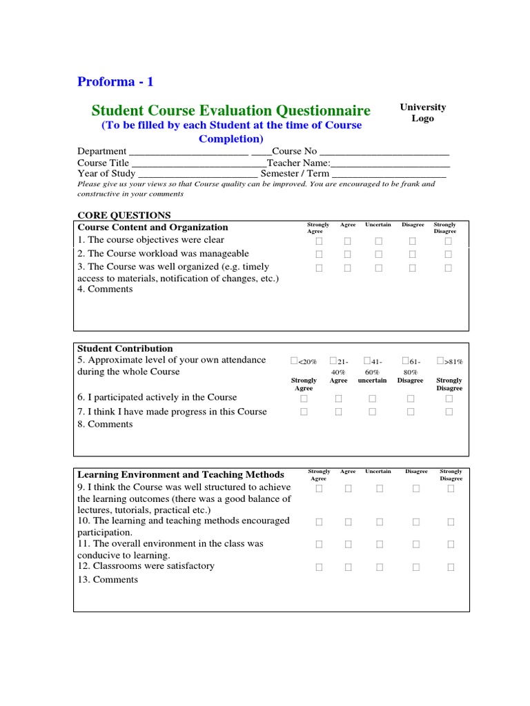 Proforma 1 Student Course Evaluation Questionnaire | PDF | Teaching ...