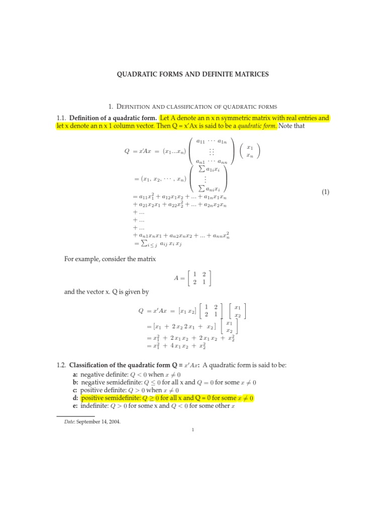 Quad Forms Matrices | Download Free PDF | Eigenvalues And Eigenvectors | Matrix (Mathematics)
