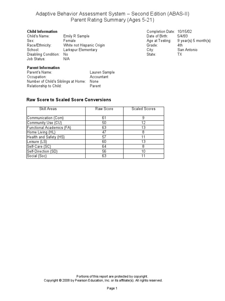 Abas II Sample Report | PDF | Statistics | Behavioural Sciences
