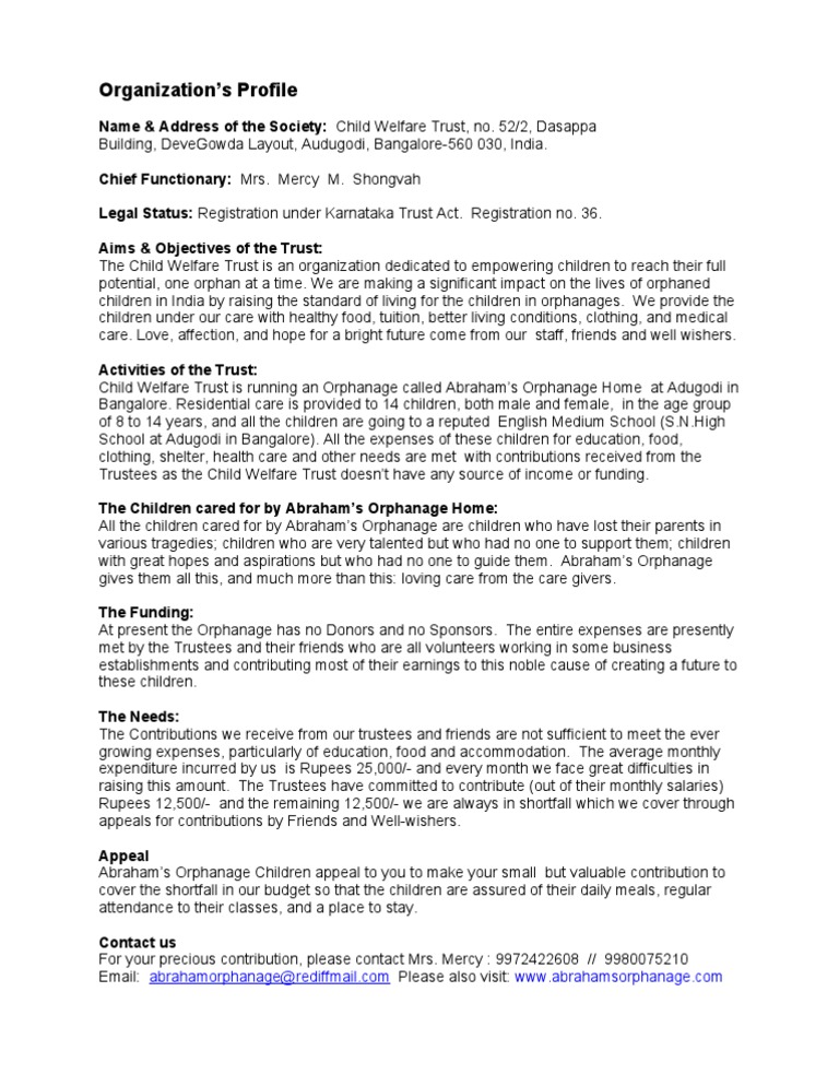 Organization's Profile | PDF | Orphanage | Child Protection