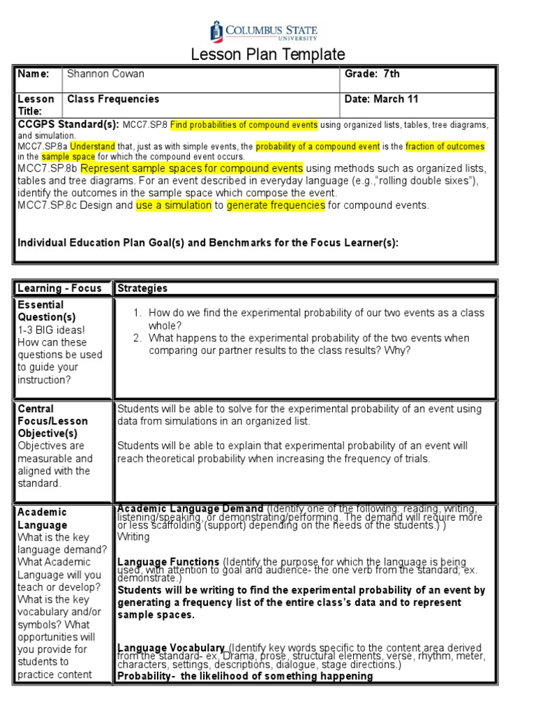 Lesson Plan Template | Educational Assessment | Probability