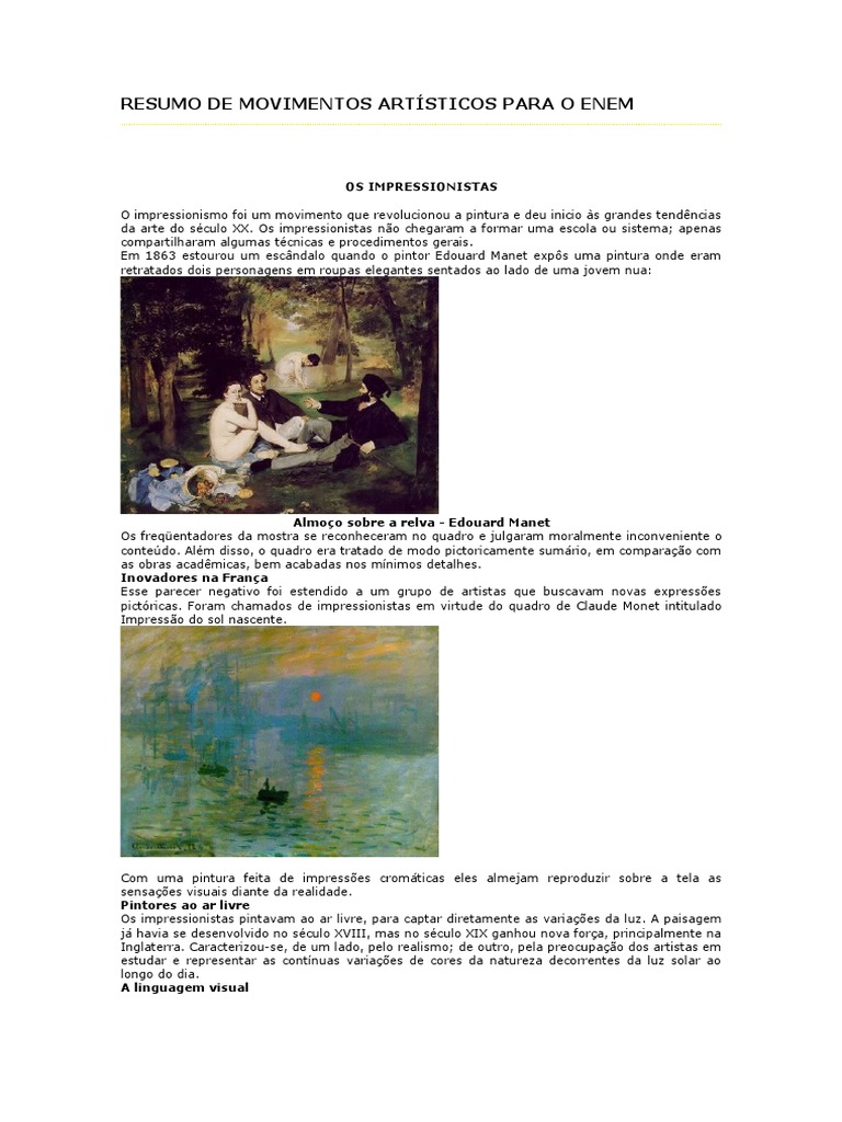 Resumo dos Movimentos Artísticos | PDF | Impressionismo | Expressionismo