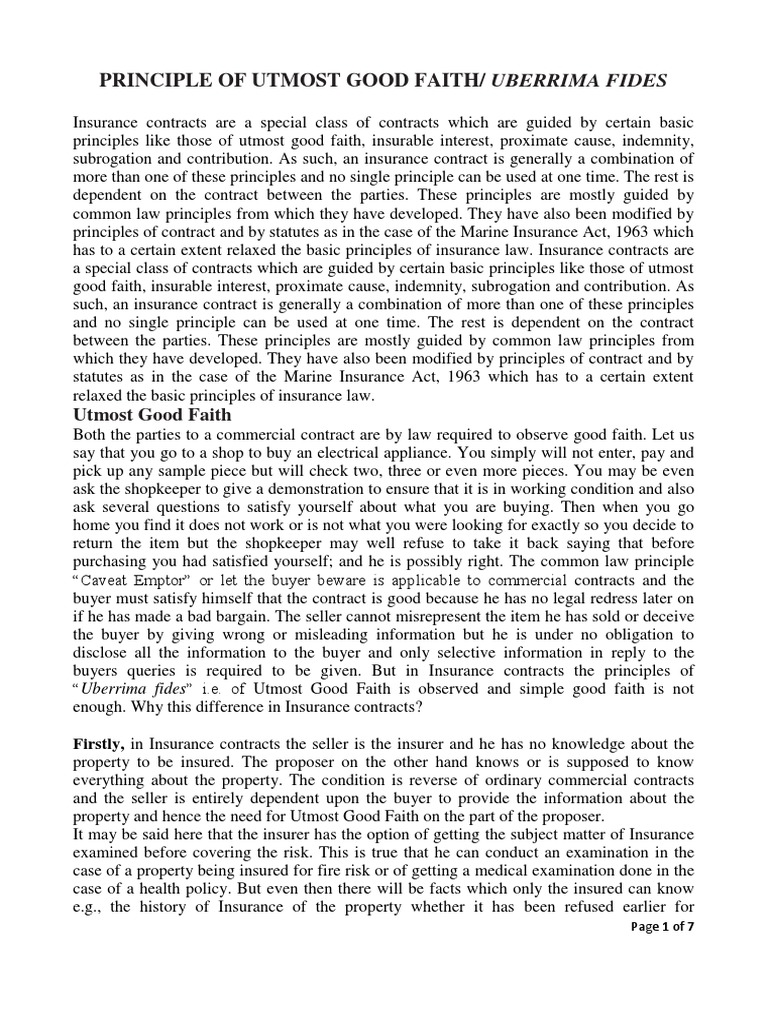 Principle of Utmost Good Faith PDF | PDF | Law