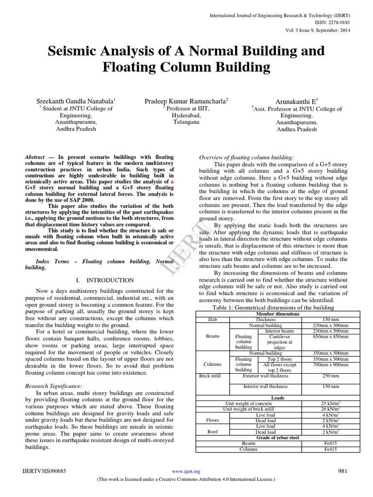 Ijert Ijert: Seismic Analysis of A Normal Building and Floating Column Building | PDF | Beam ...