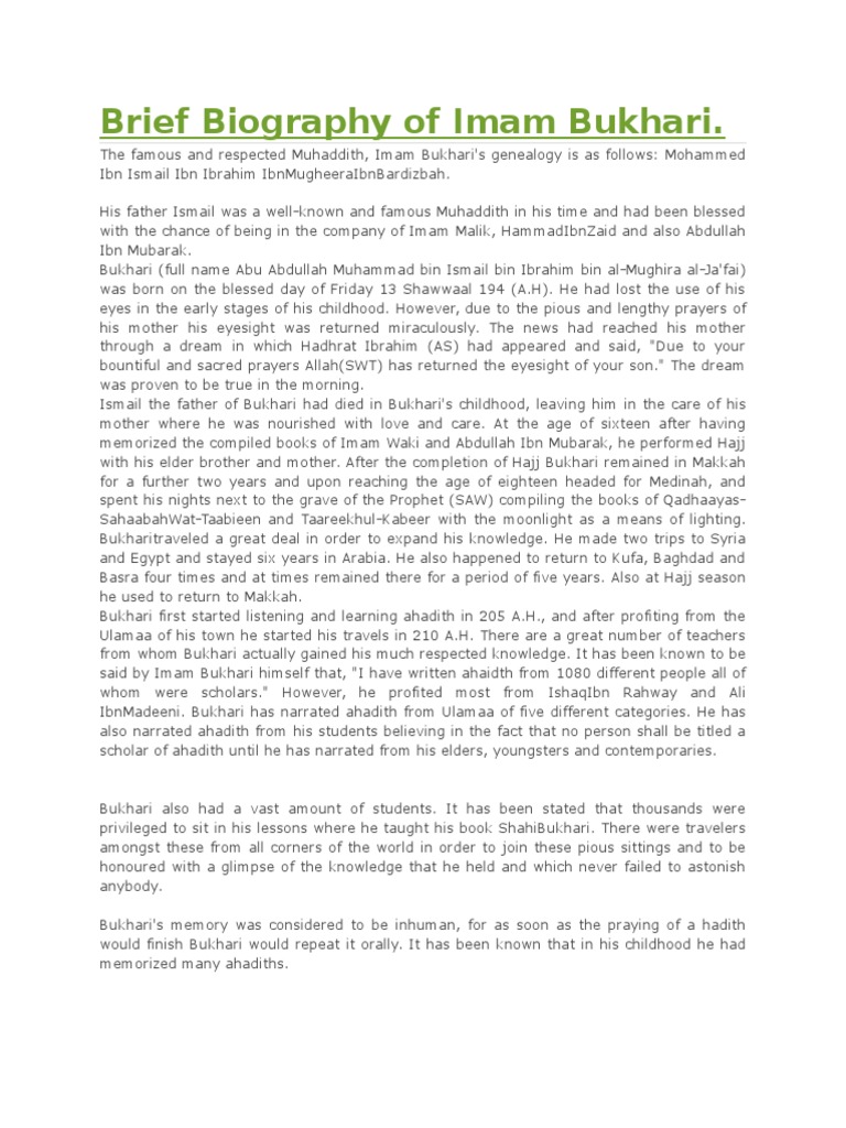 Brief Biography of Imam Bukhari | Hadith | Muhammad