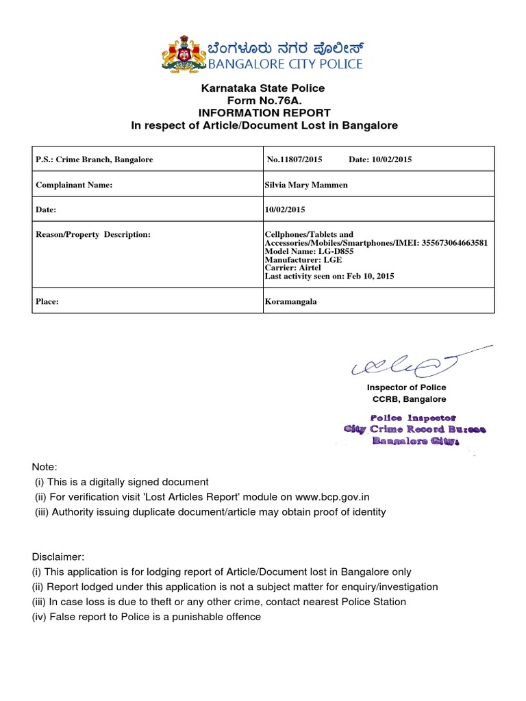 Karnataka State Police Form No.76A. Information Report in Respect of ...