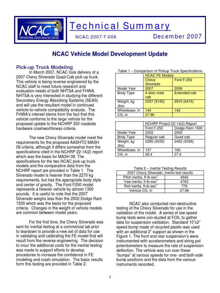 Technical Summary: NCAC Vehicle Model Development Update | PDF | Pickup ...