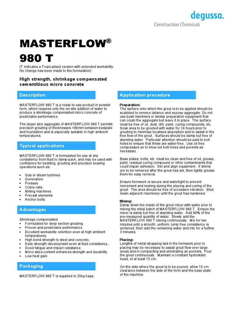 TDS - Masterflow 980 | PDF | Fatigue (Material) | Concrete