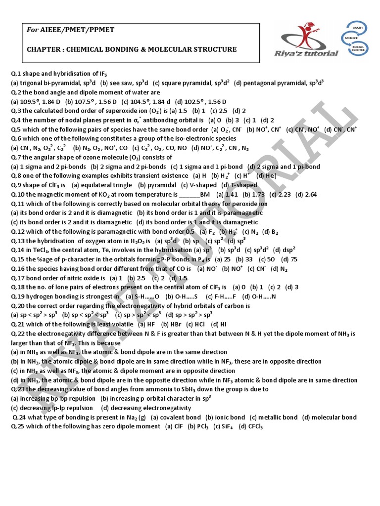 AQ Chamical Bonding & Molecular Structure PDF | PDF | Chemical Bond ...