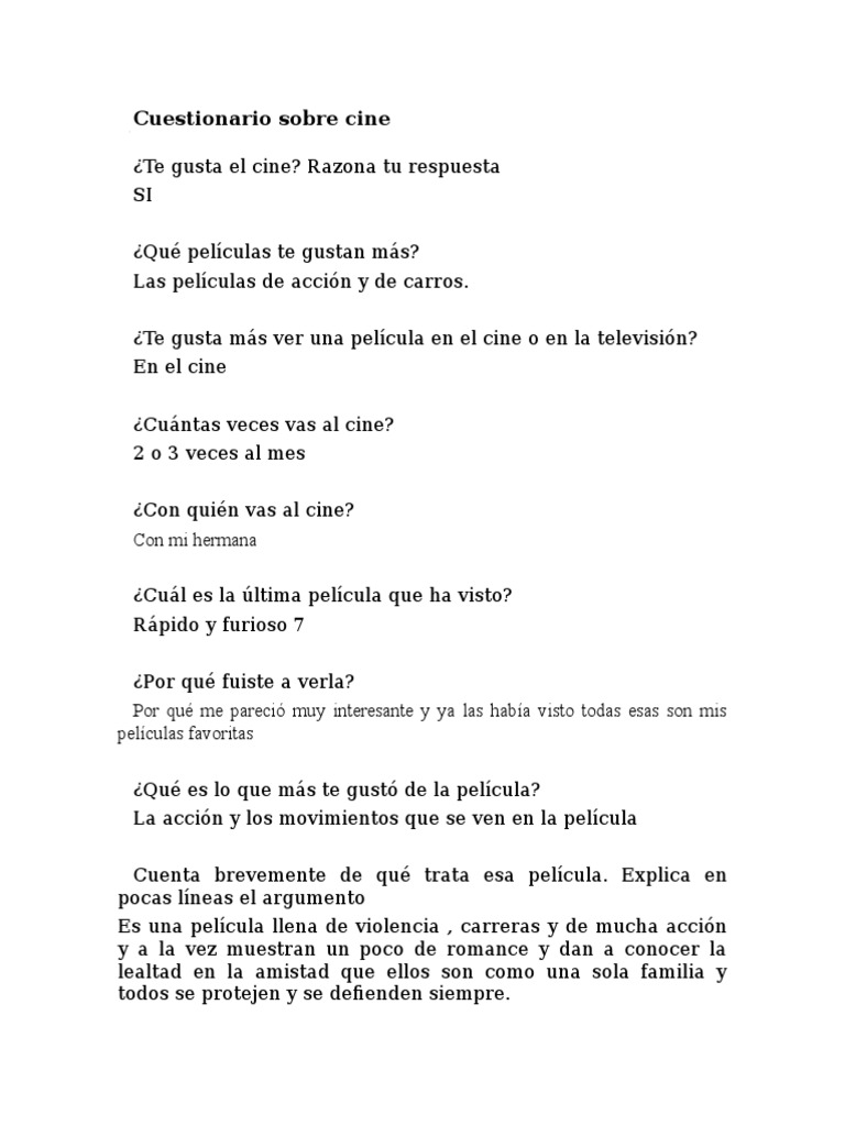 Cuestionario Sobre Cine | PDF | Deportes y actividades al aire libre