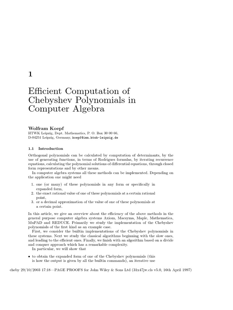 Efficient Computation of Chebyshev Polynomials in Computer Algebra | PDF | Determinant | Polynomial