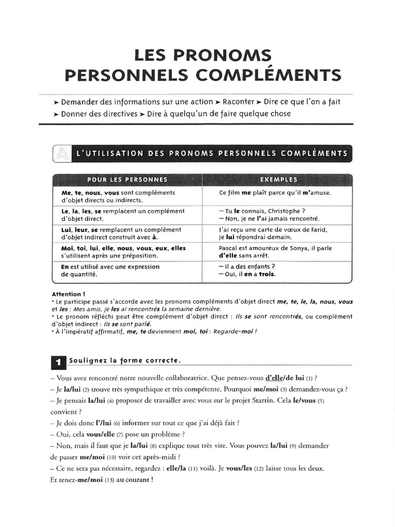 Les Pronoms Personnels Compléments Exercices | PDF