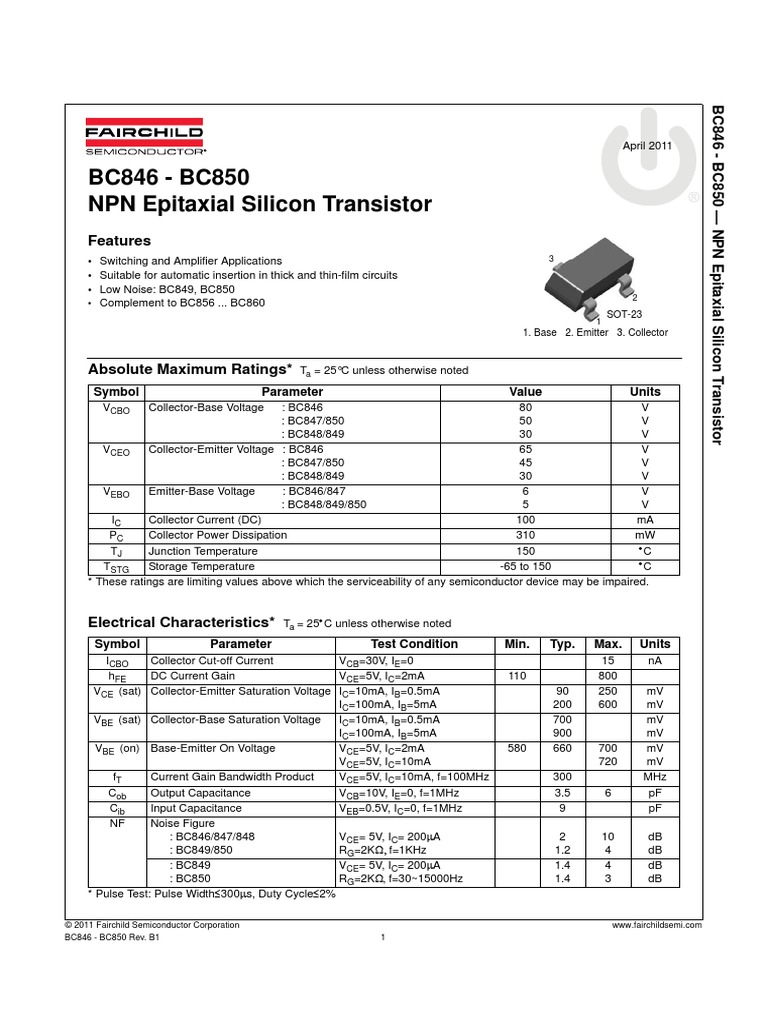 BC846 - BC850 NPN Epitaxial Silicon Transistor: Features | Download ...