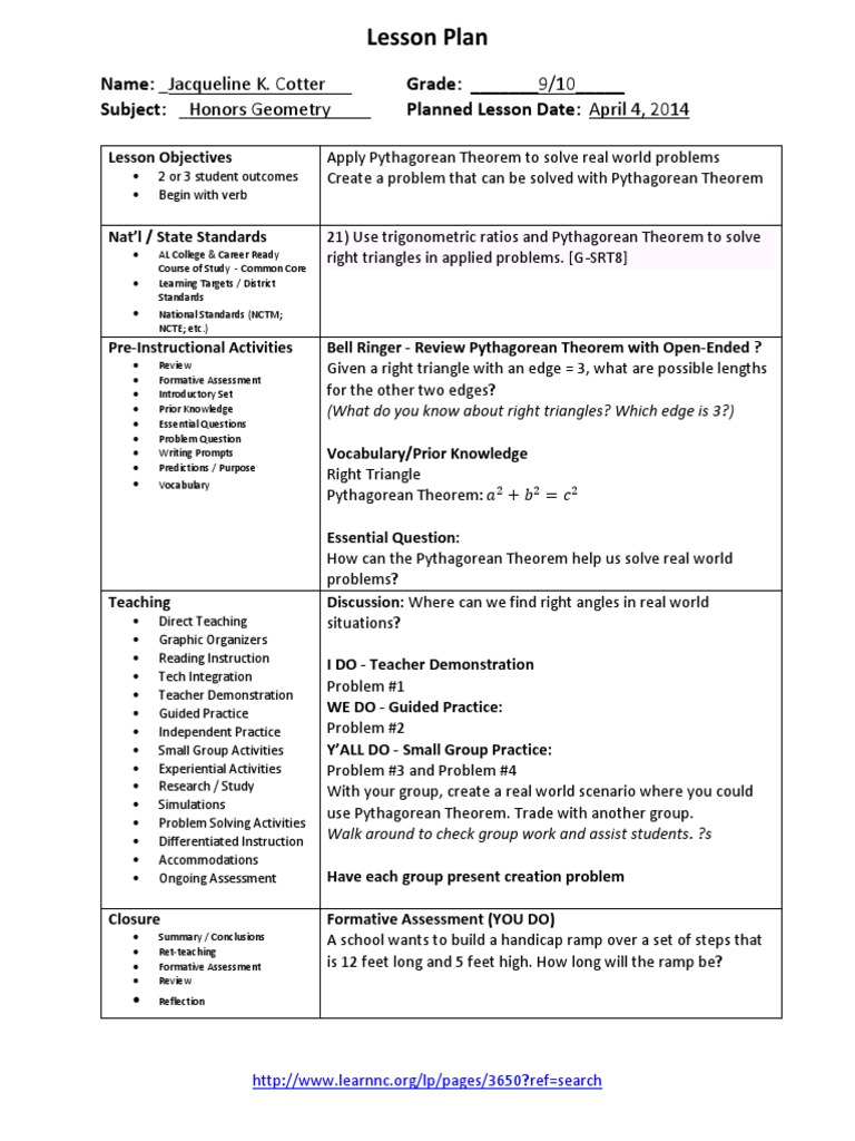 Pythagorean Theorem Lesson Plan | PDF