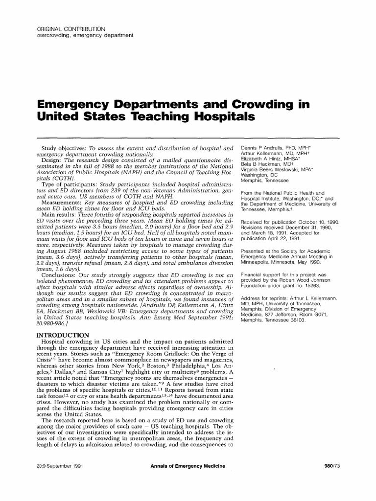 Emergency Departments and Crowding in United States Teaching Hospitals ...