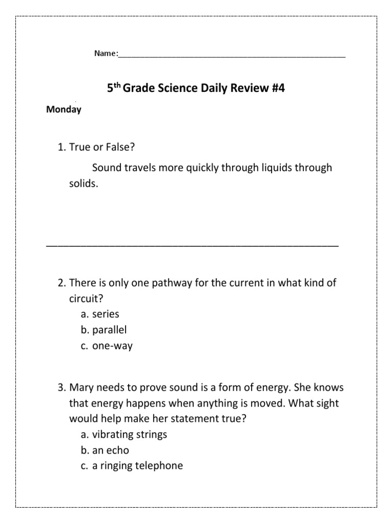 5th Grade Science Review: Sound & Energy | PDF