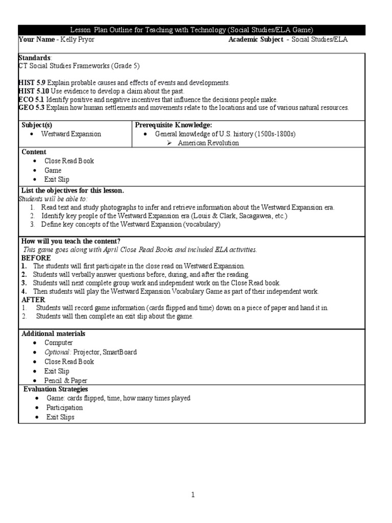 Westward Expansion Lesson Plan with Game | PDF | Social Science