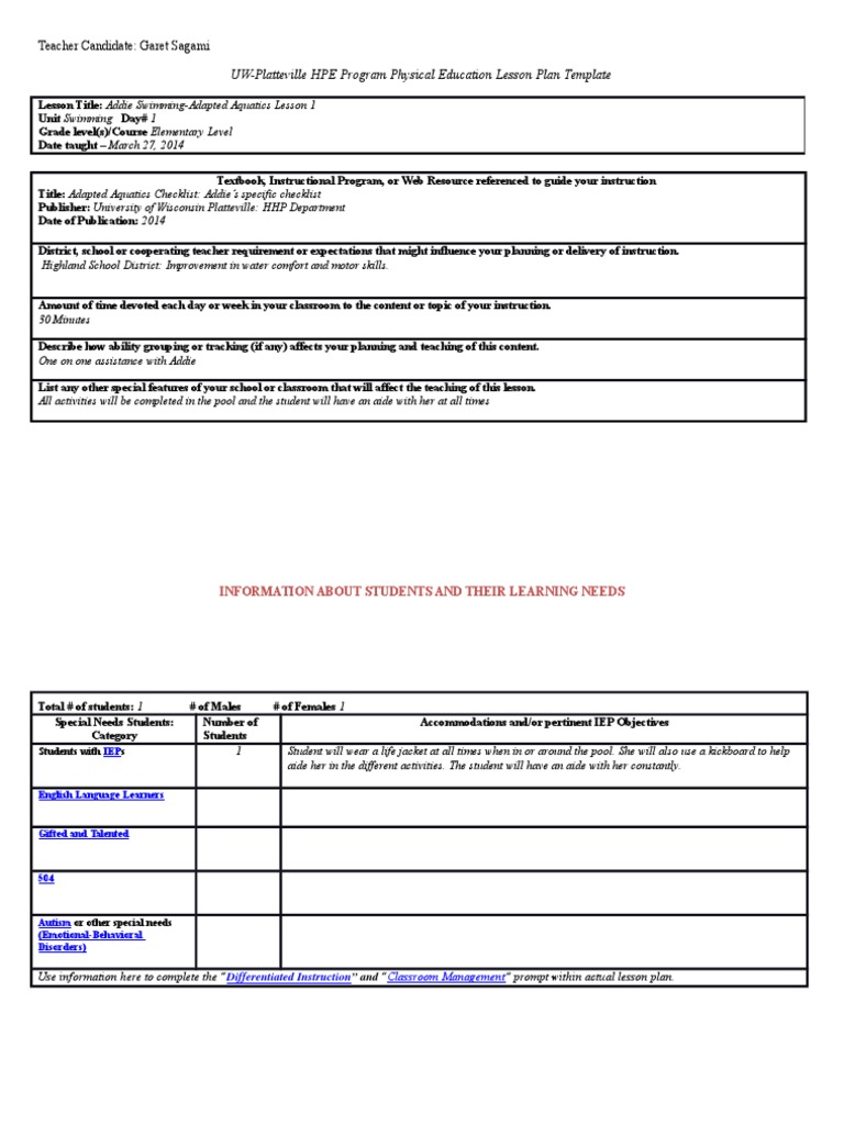 UW-Platteville HPE Program Physical Education Lesson Plan Template ...