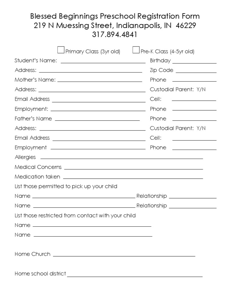 Preschool Registration Form | PDF