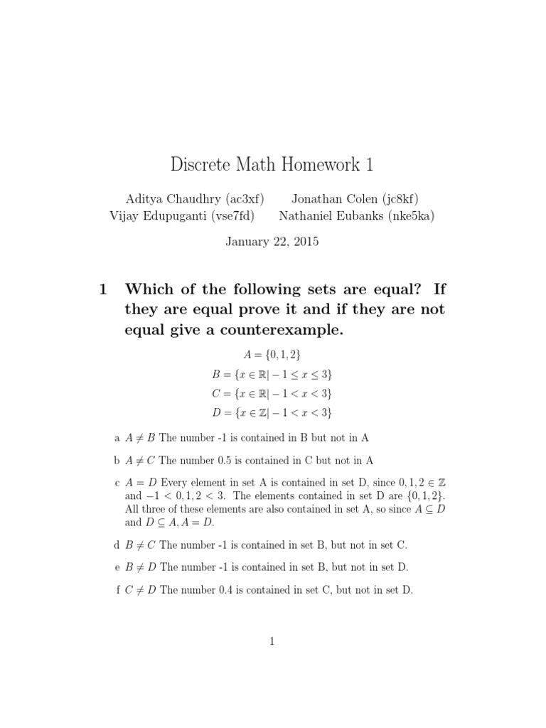 Discrete Math Homework 1 | PDF | Element (Mathematics) | Integer