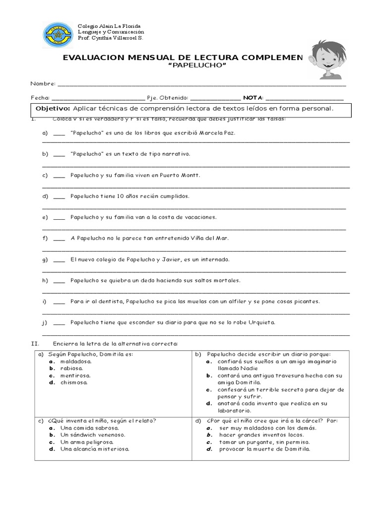 Prueba Lectura Complementaria Papelucho | PDF