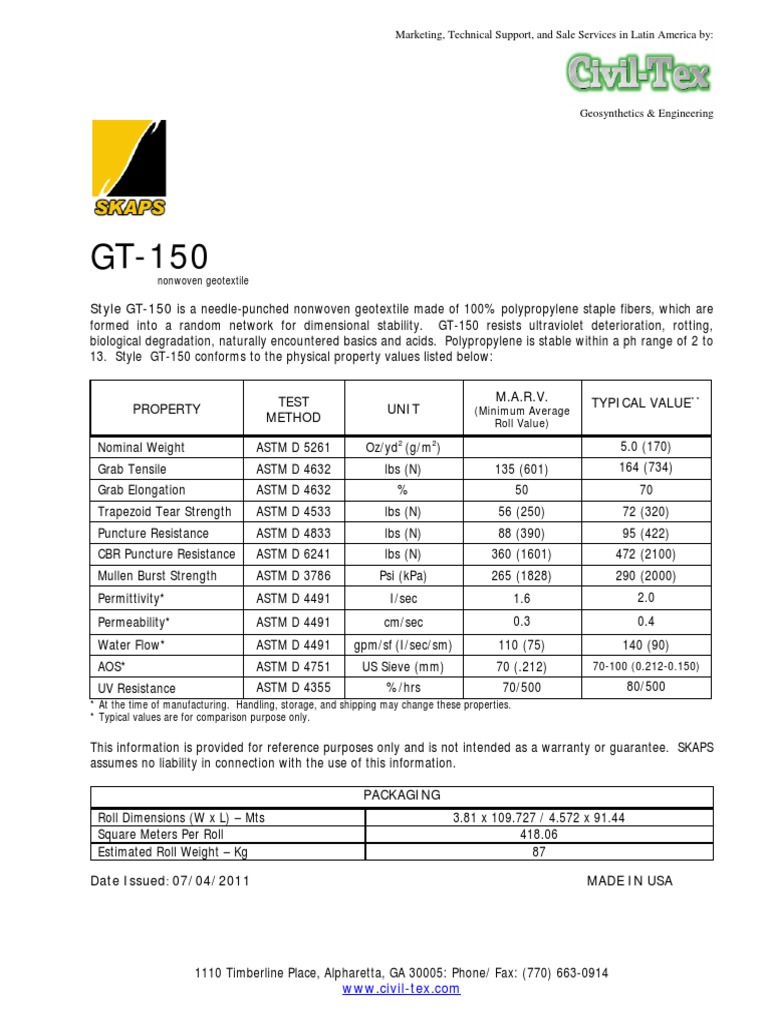 GT-150 Geotextile Technical Data Sheet | PDF