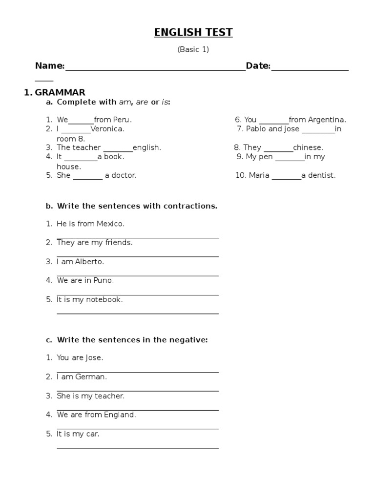 English Test: Name Date 1. Grammar | PDF | Self-Improvement | Foreign ...