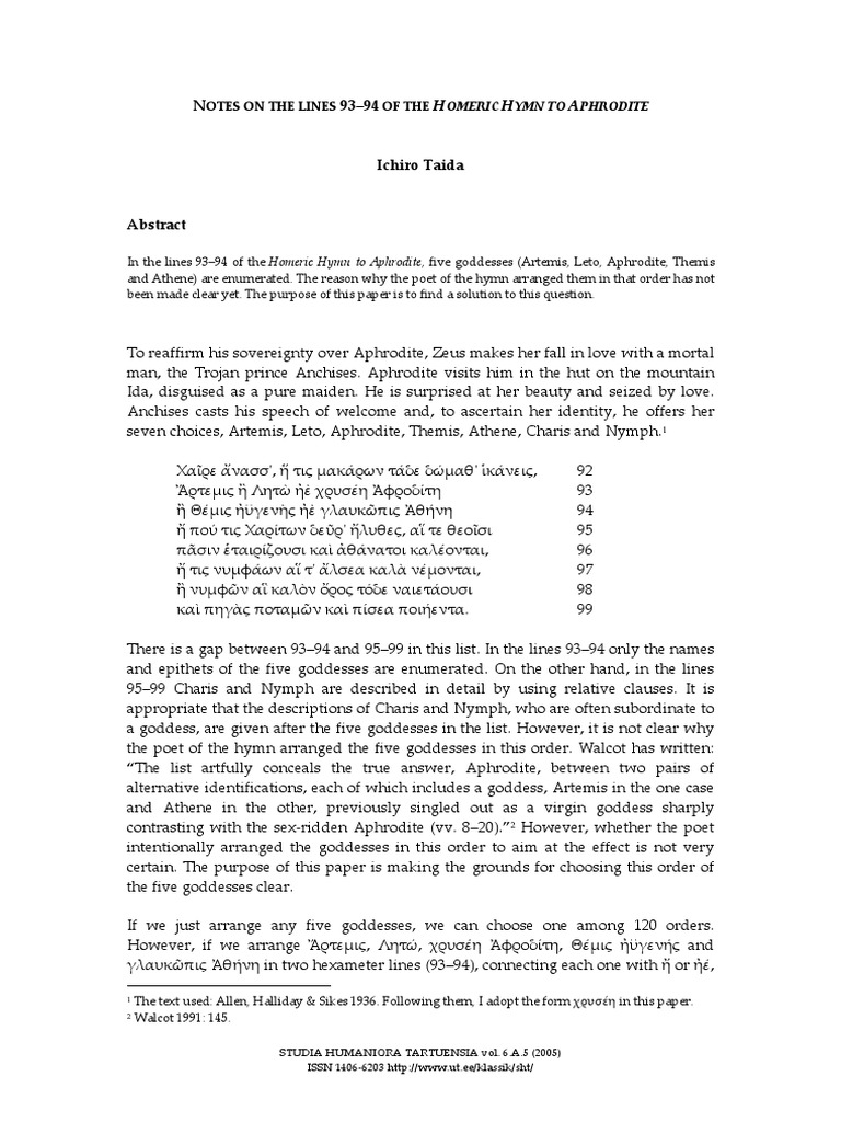 Notes On The Lines 93-94 of The Homeric Hymn To Aphrodite | PDF ...