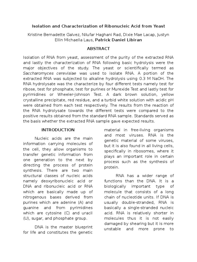 Isolation and Characterization of Ribonucleic Acid From Yeast | PDF ...
