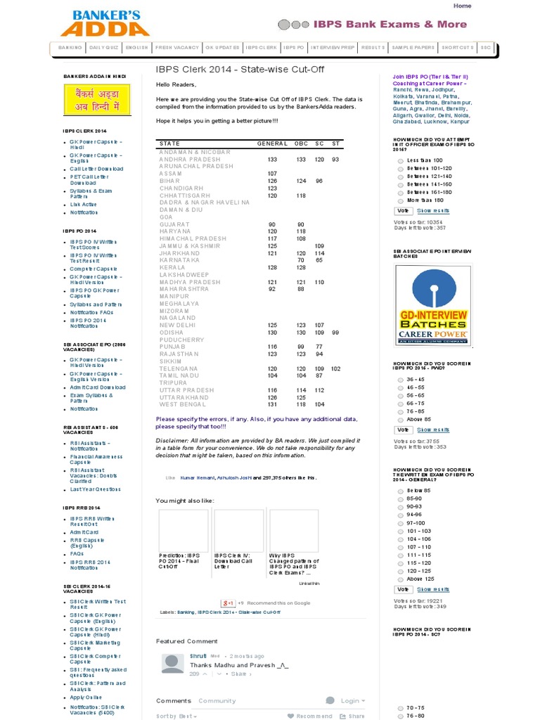 Bankers Adda - IBPS Clerk 2014 - State-Wise Cut-Off | PDF