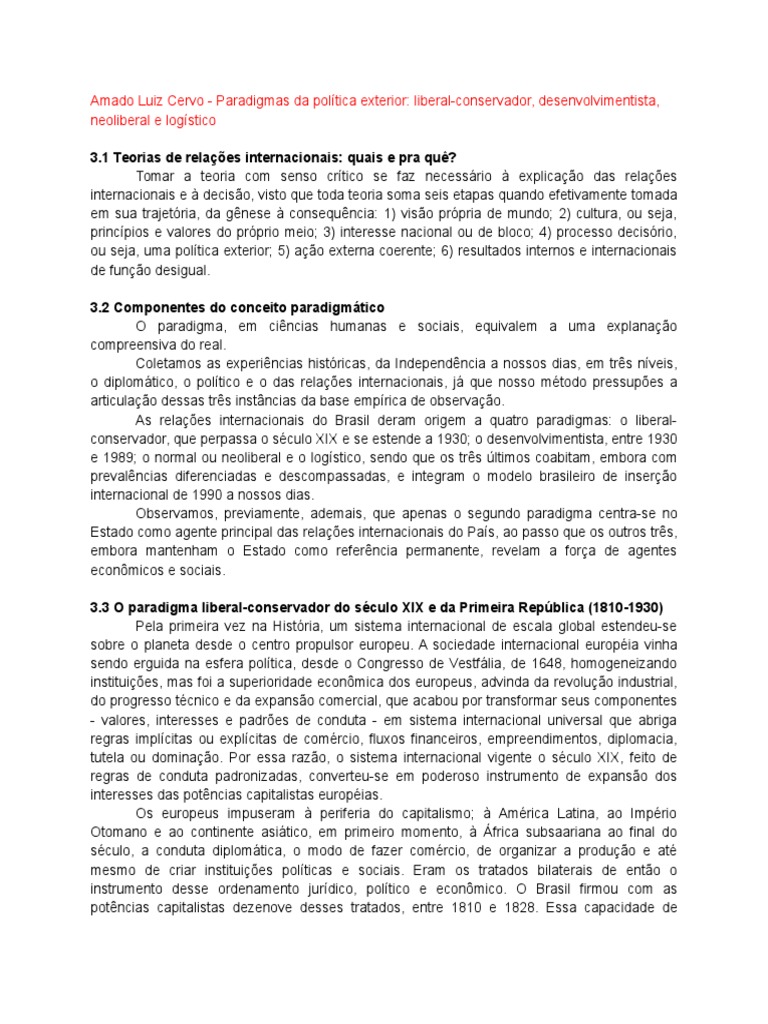 Amado Luiz Cervo - Paradigmas Da Política Exterior - Liberal ...