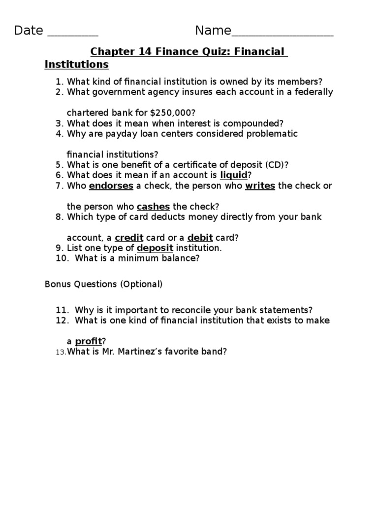 Financial Institutions Quiz | PDF | Finance & Money Management