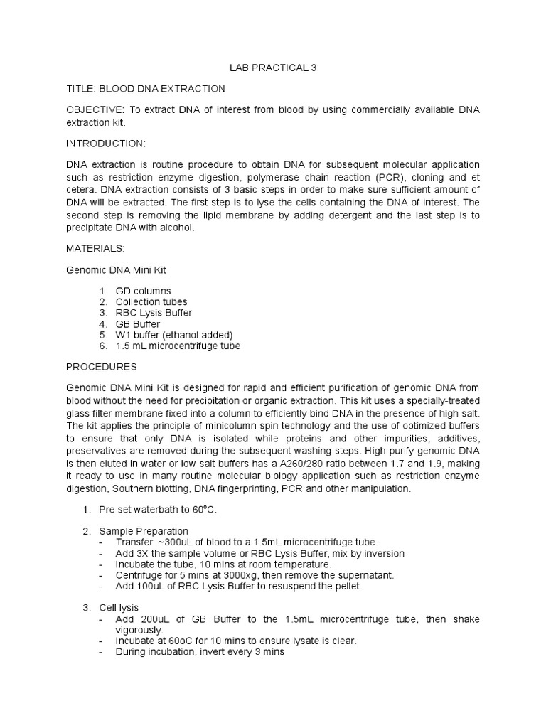 Blood DNA Extraction Practical Guide | PDF | Polymerase Chain Reaction ...