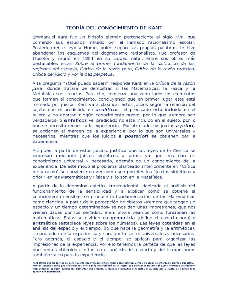 Teoria Del Conocimiento de Kant | PDF | Immanuel Kant | Metafísica