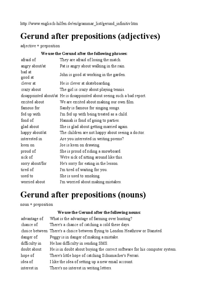 Gerund After Prepositions (Adjectives) : We Use The Gerund After The ...