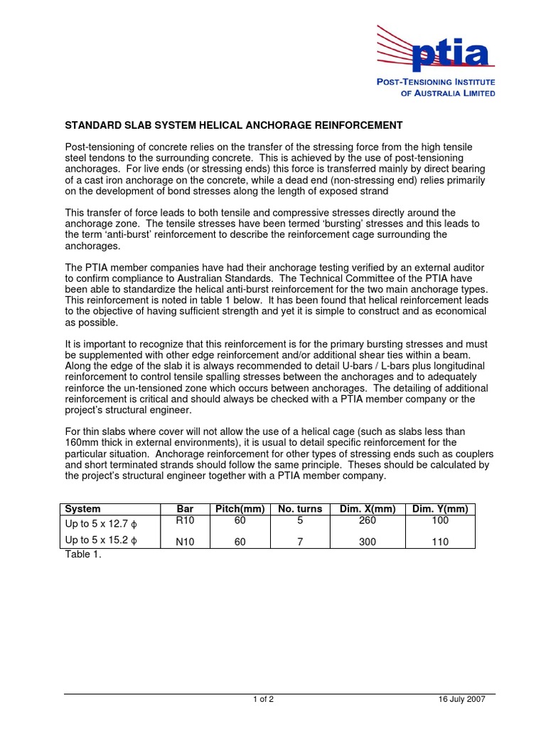 Standard Slab System Helical Anchorage Reinforcement | PDF | Anchorage ...